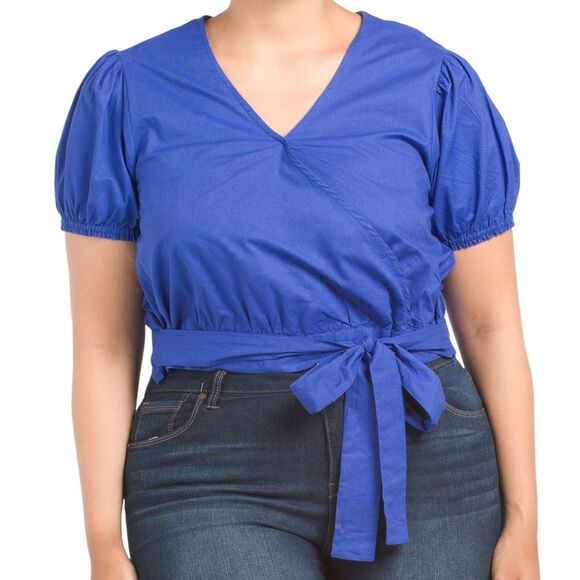 Oppo | Tops | Nwt Blue Faux Wrap Tie Front Puff Sleeve Crop Top | Poshmark